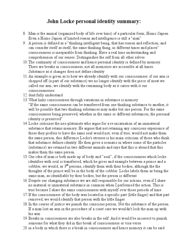 Locke Personal Identity Summary | PDF | Consciousness | Soul