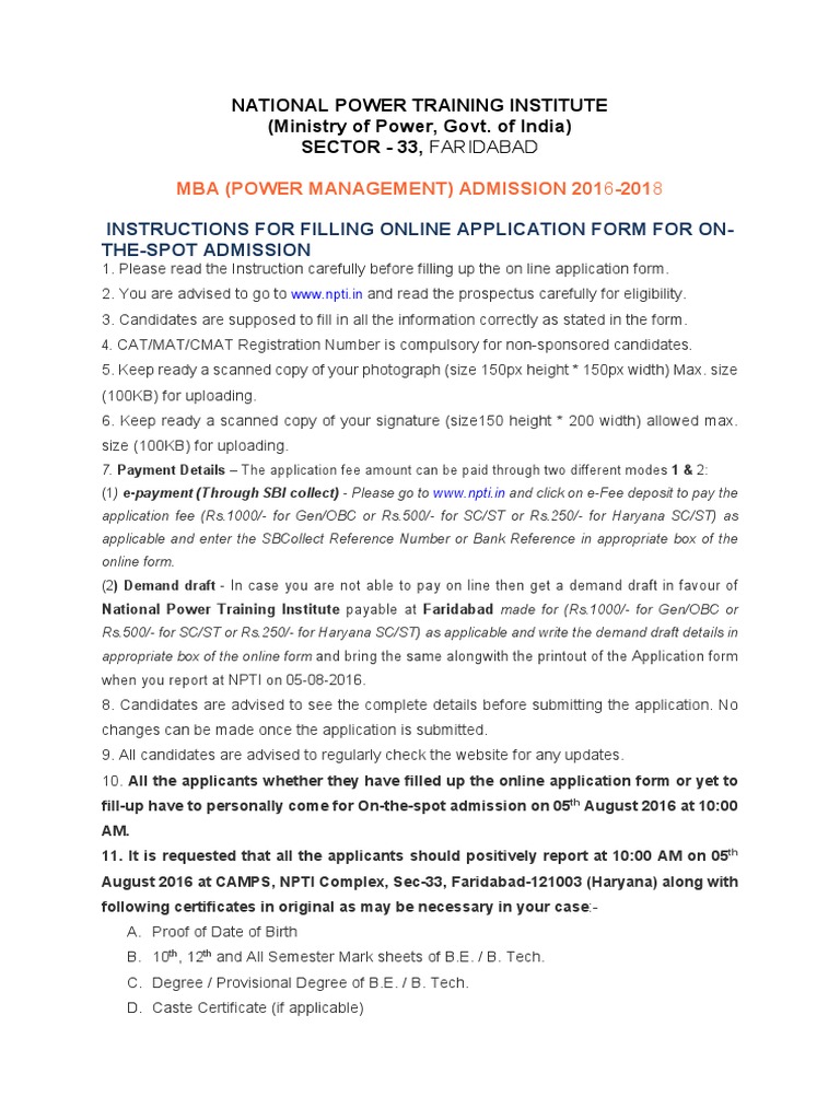 Mba (Power Management) Admission 2016-2018: Instructions For Filling ...