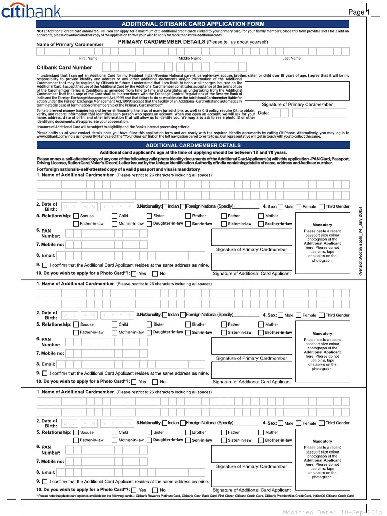 CITI CREDIT CARD-Add On Application Form | Identity Document | Credit Card
