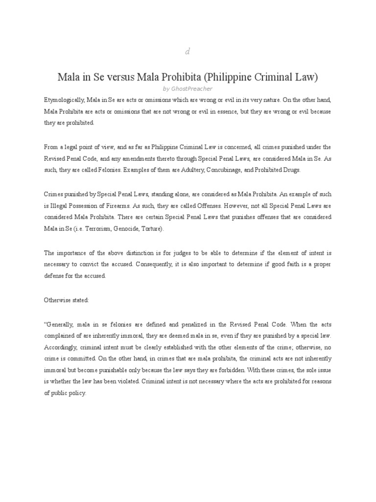 Mala in Se vs. Mala Prohibita Explained | PDF | Social Science