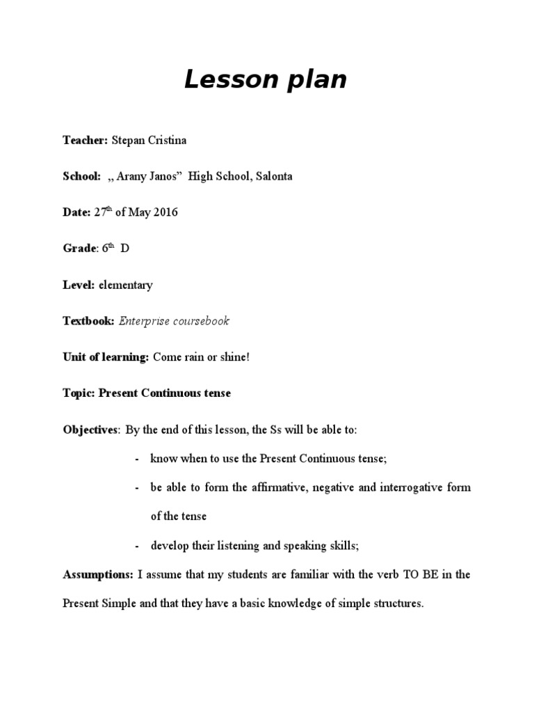 Present Continuous Lesson Plan 1 | PDF | Lesson Plan | Language Mechanics