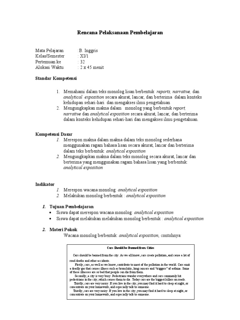 RPP Reading Materi Pokok Analytical Exposition Text | PDF | Seni ...