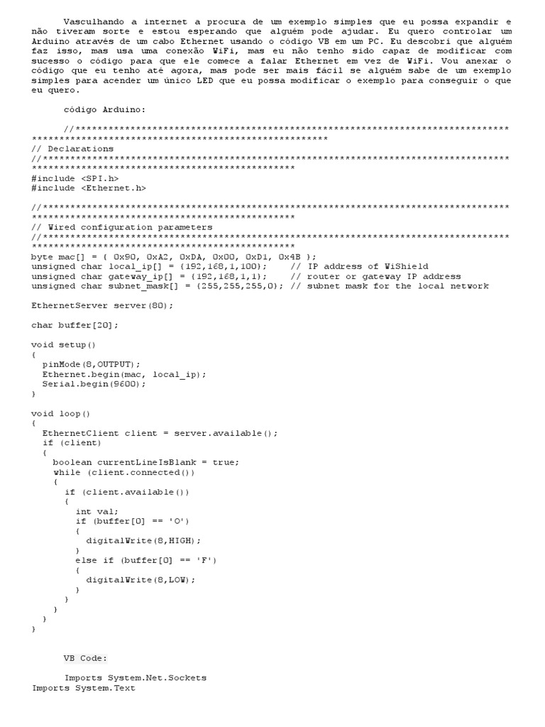 Arduino VB Net Ethernet | PDF | Arduino | Rede mundial de computadores Arduino VB Net Ethernet | PDF | Arduino | Rede mundial de computadores
