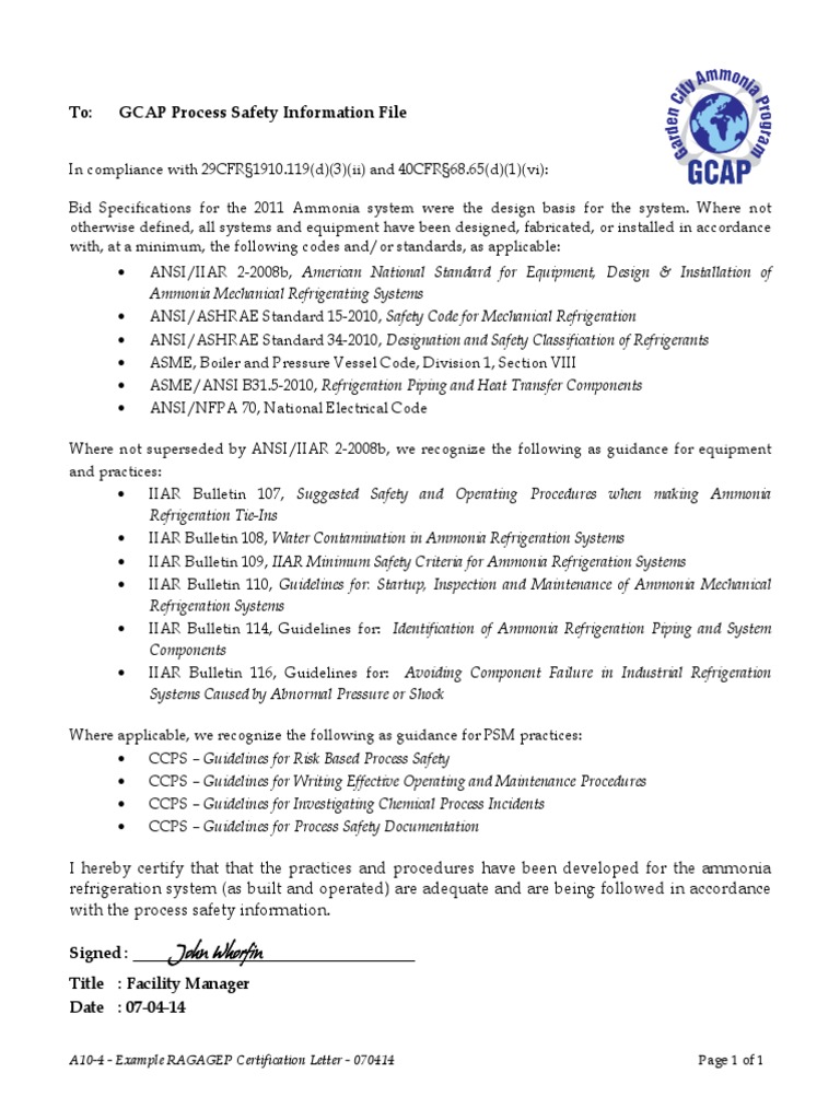 RAGAGEP Compliance Certification for Ammonia | PDF