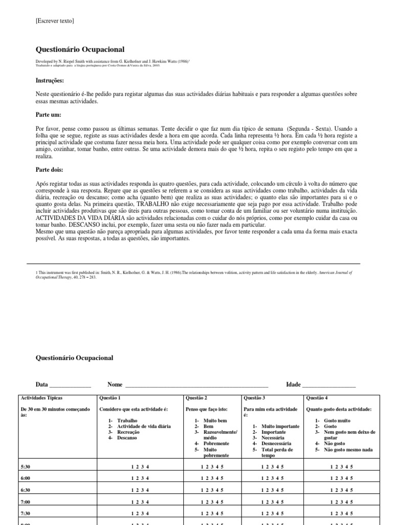 Questionário Rastreio Ocupacional (MOHO) | PDF | Idiomas