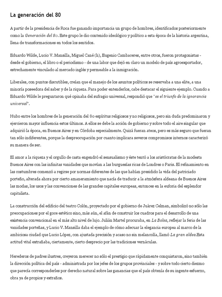 La Generación Del 80 HISTORIA ARGENTINA | PDF | Inmigración | Buenos Aires