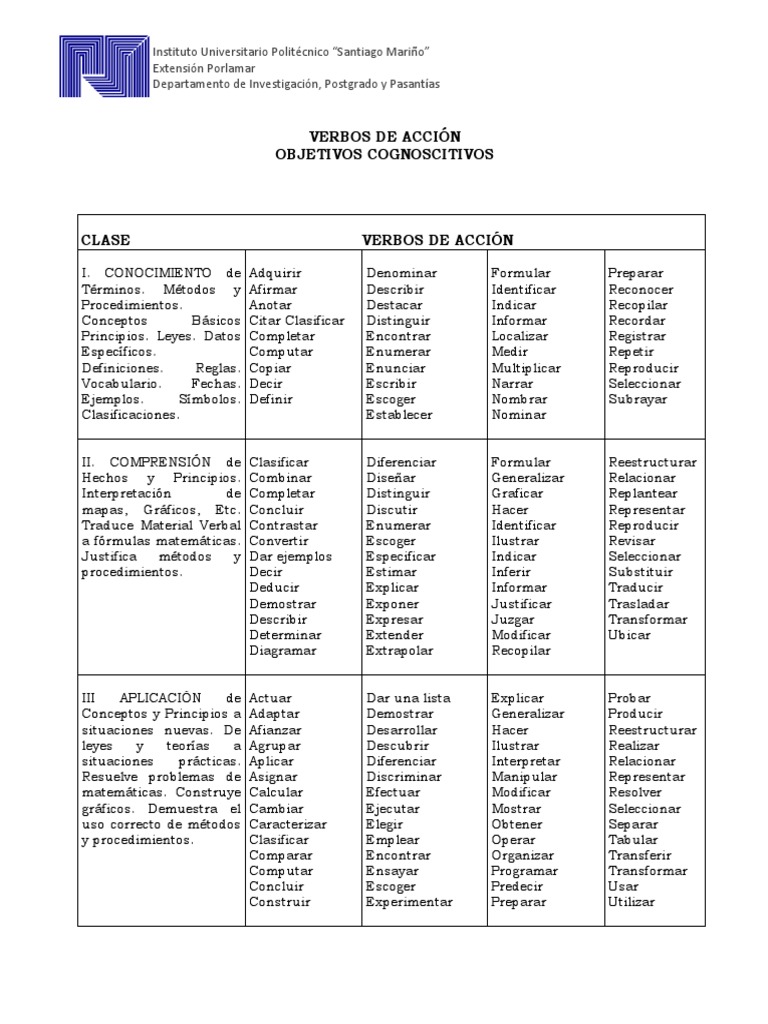 Verbos de Acción Objetivos Cognoscitivos | PDF