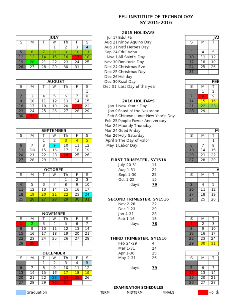 FEU Tech Academic Calendar 2015-2016 | PDF | Academic Term | Holidays