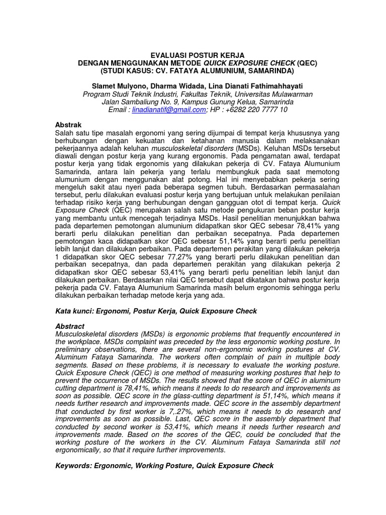 Evaluasi Postur Kerja Dengan Menggunakan Metode Quick Exposure Check (Qec) | PDF