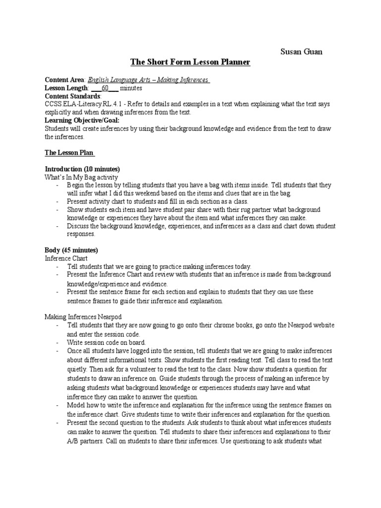 Making Inferences Lesson | PDF | Inference | Lesson Plan