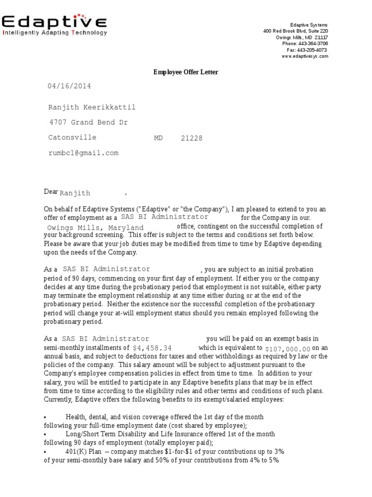 Ranjith Keerikkattil Edaptive Offer Letter | PDF | Employee Benefits ...