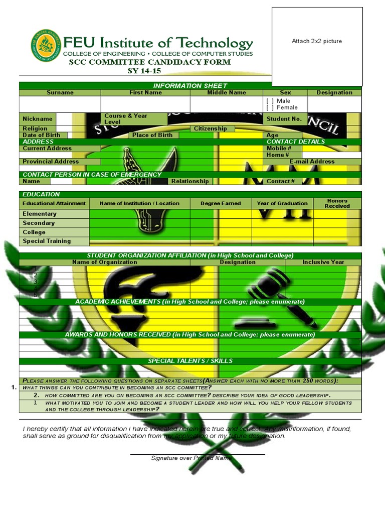 SCC Committee Candidacy Form SY 14-15: Attach 2x2 Picture | PDF