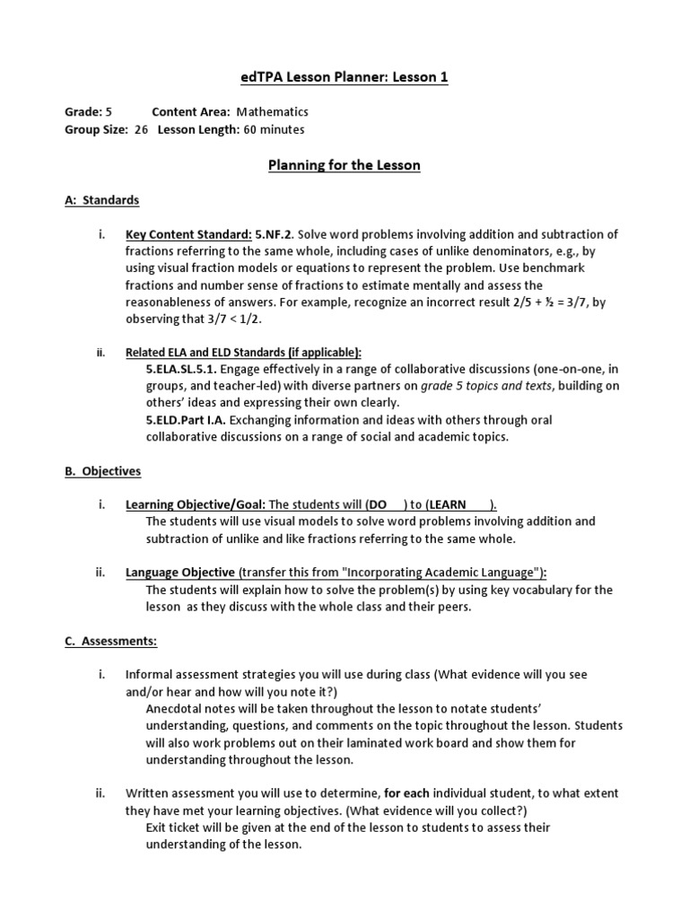 5th Grade Math Lesson on Fractions | PDF | Lesson Plan | Vocabulary
