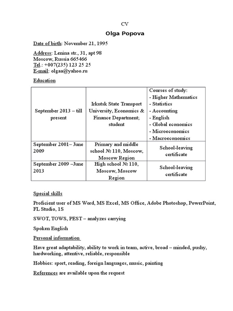 Olga Popova's CV and Skills Summary | PDF