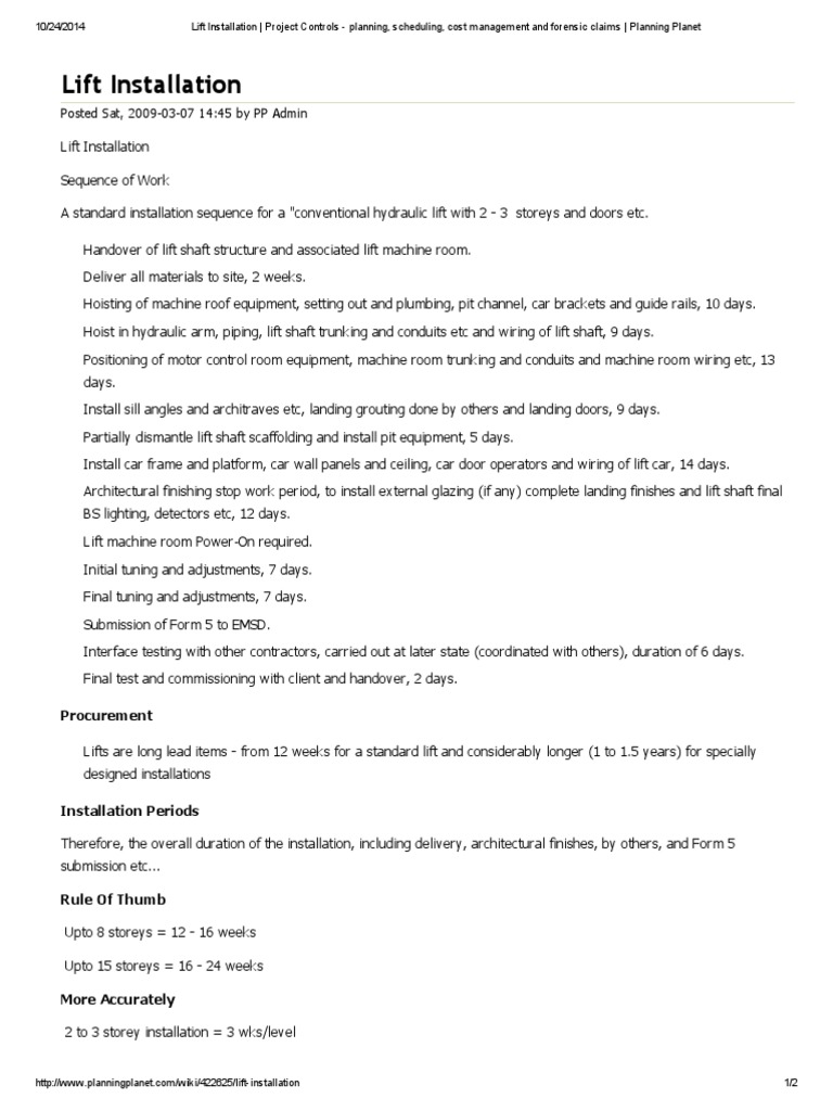 Lift Installation - Project Controls - Planning, Scheduling, Cost ...