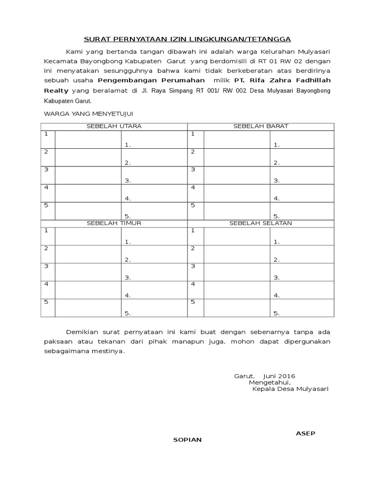 Surat Pernyataan Izin Lingkungan | PDF