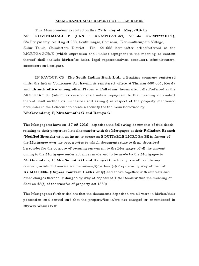 Memorandum of Deposit | PDF | Mortgage Law | Government