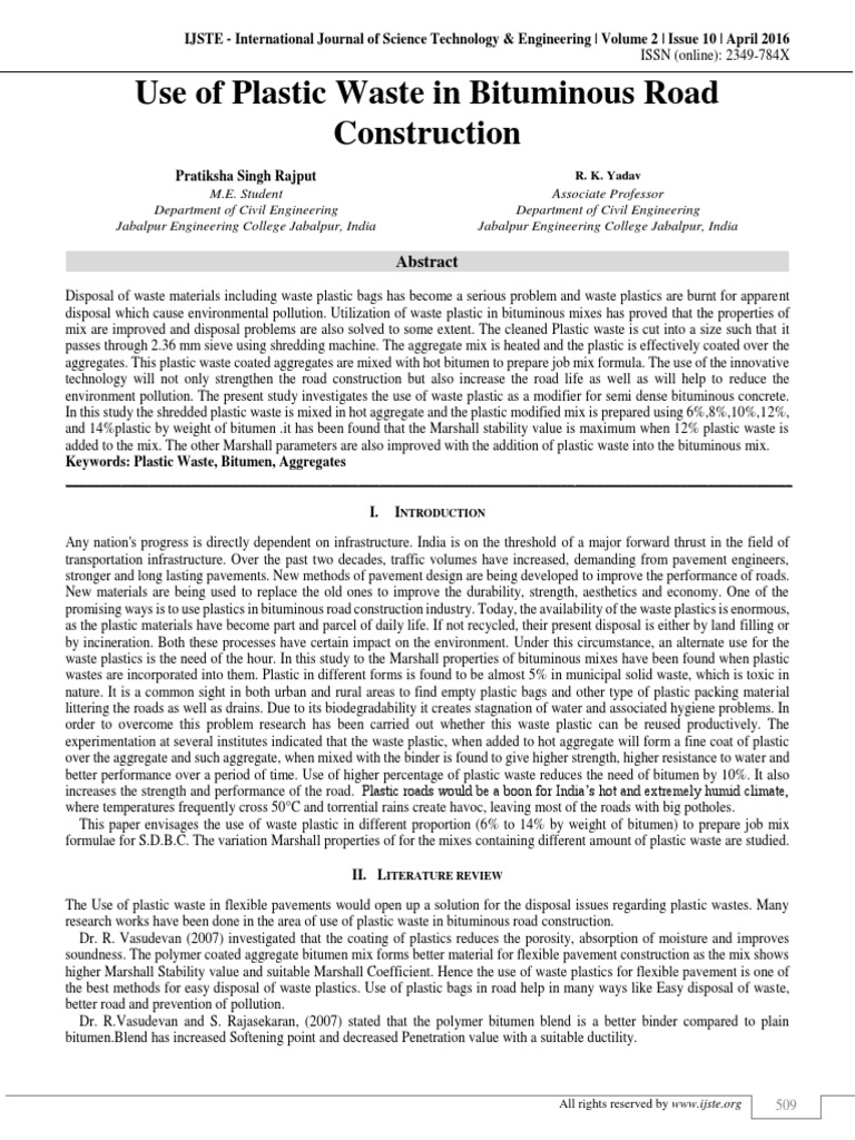 Use of Plastic Waste in Bituminous Road Construction | PDF | Road ...
