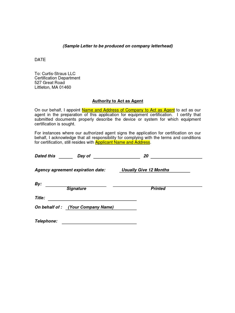 Agent Authorization Letter Template | PDF