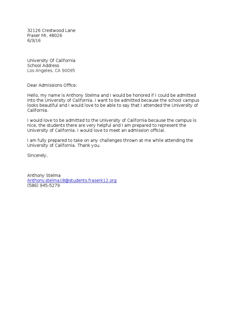 Admission Letter to University of California | PDF