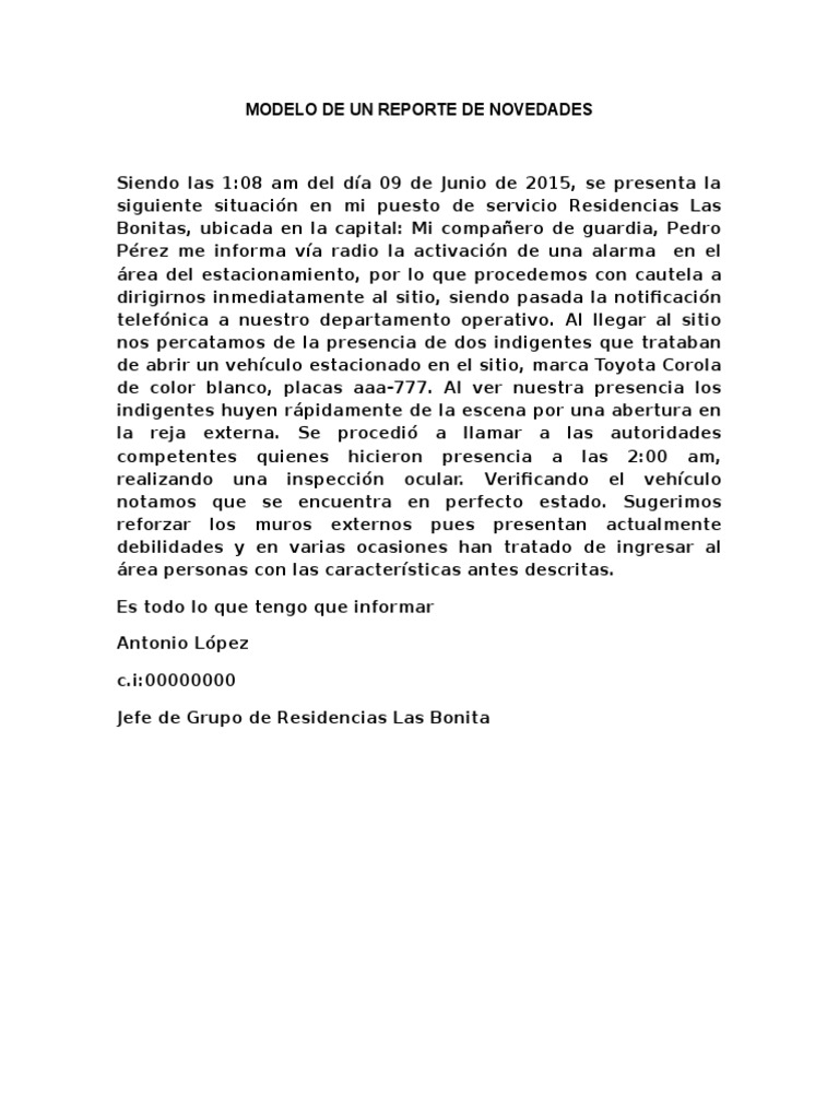 Modelo de Un Reporte de Novedades | PDF