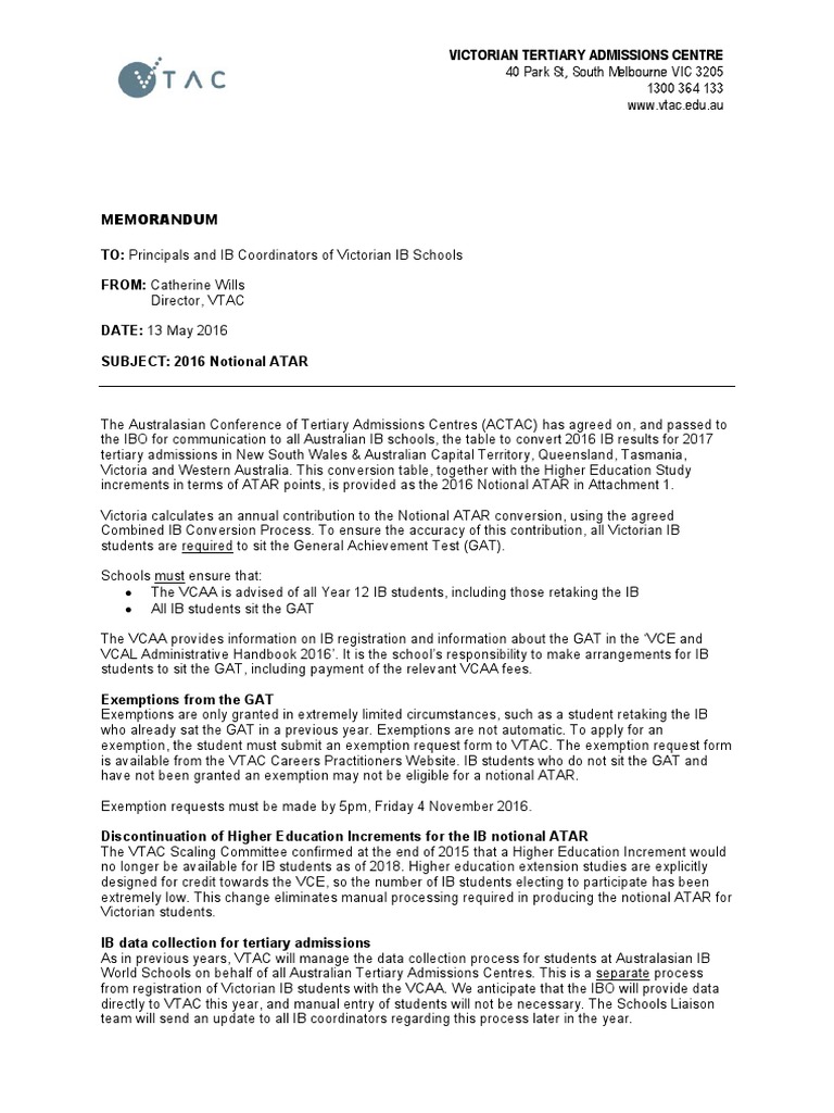 2016 IB Notional ATAR Memo | PDF | University And College Admission ...