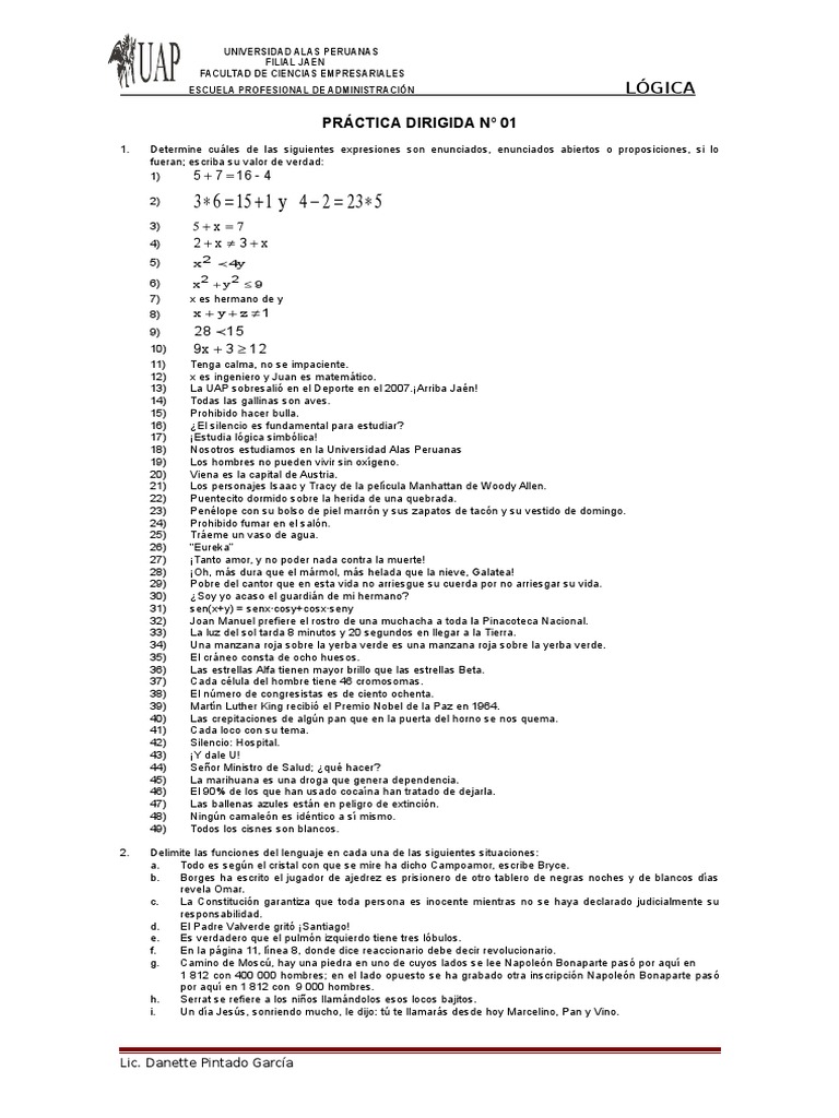 Práctica Dirigida #01 - Lógica | PDF | Delantero (Asociación de Fútbol) | Proposición