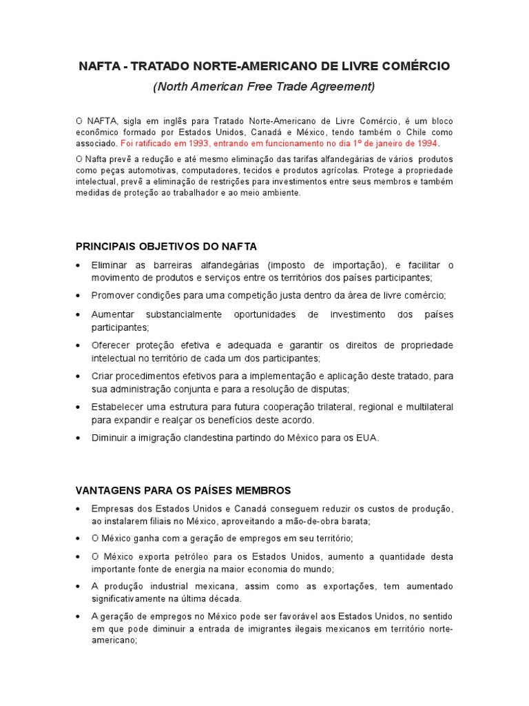 Nafta - Tratado Norte-Americano de Livre Comércio | PDF | Acordo de ...