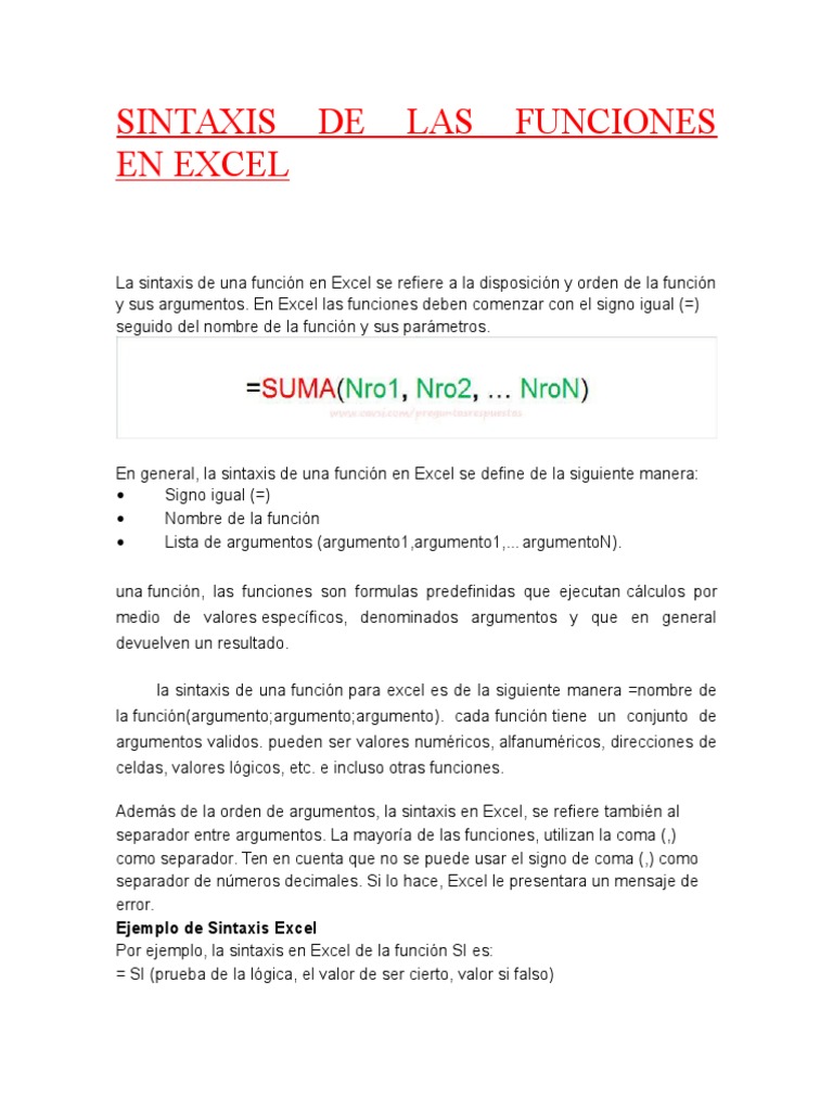 Sintaxis de Funciones en Excel | PDF | Argumento | Microsoft Excel