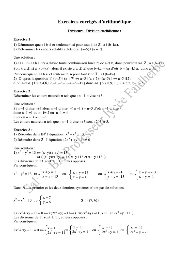 Exercices Corrig S Arithm Tique PDF | PDF | Entier naturel | Entier relatif