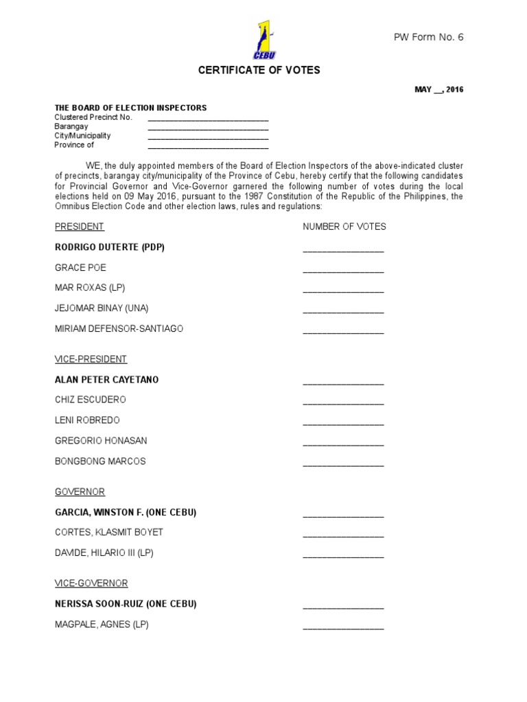 2016 Cebu Election Vote Certification | PDF
