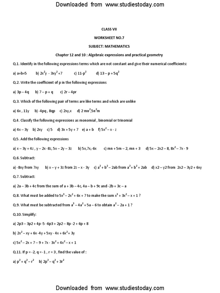 Algebraic Expressions Worksheets 7th Grade