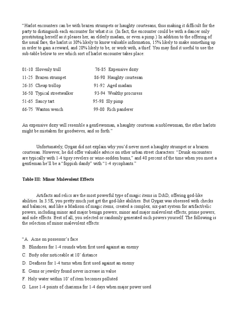 Old Random Tables - Gygax | PDF | Dungeons & Dragons | Fur