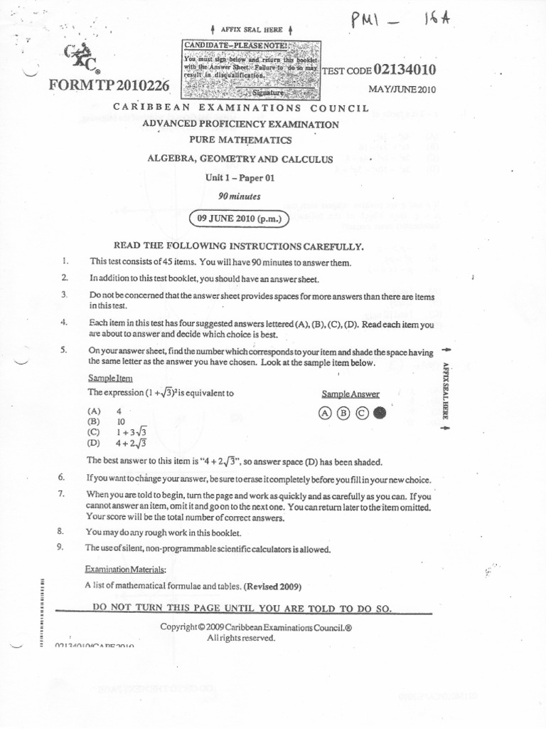 Pure Mathematics Unit 1 2010 Paper 1 | PDF
