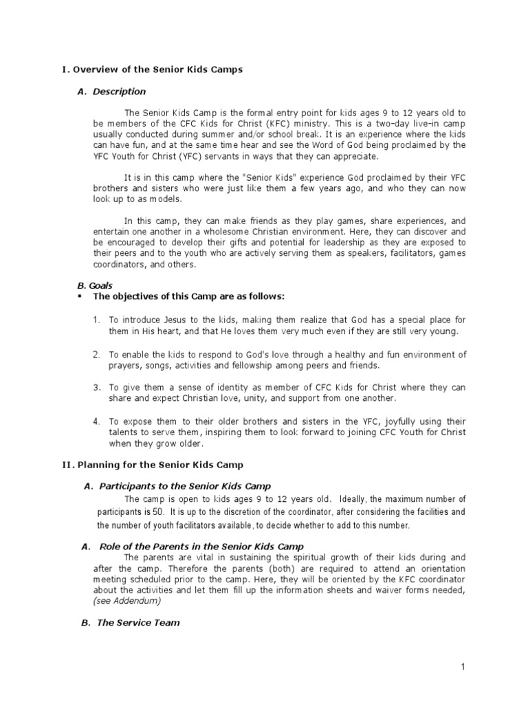 Senior Kids Camp Overview and Goals | PDF | Prayer | Forgiveness