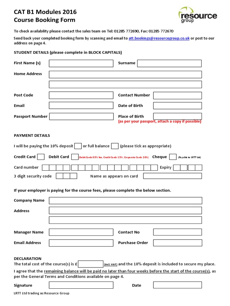 CAT B1 Modules 2016 Course Booking Form | PDF