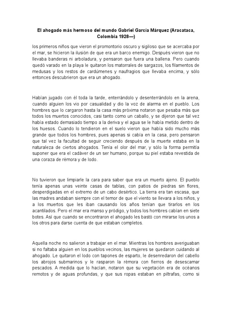 El Ahogado Más Hermoso Del Mundo Gabriel García Márquez | PDF | Cuentos ...
