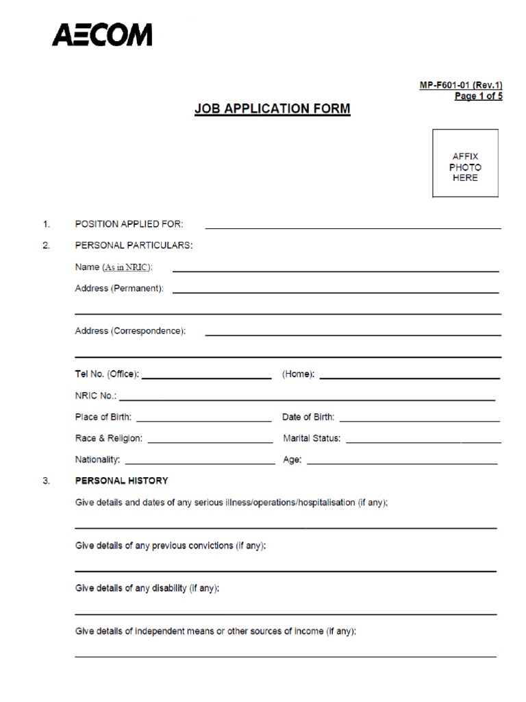 Job Application Form - Aecom | PDF