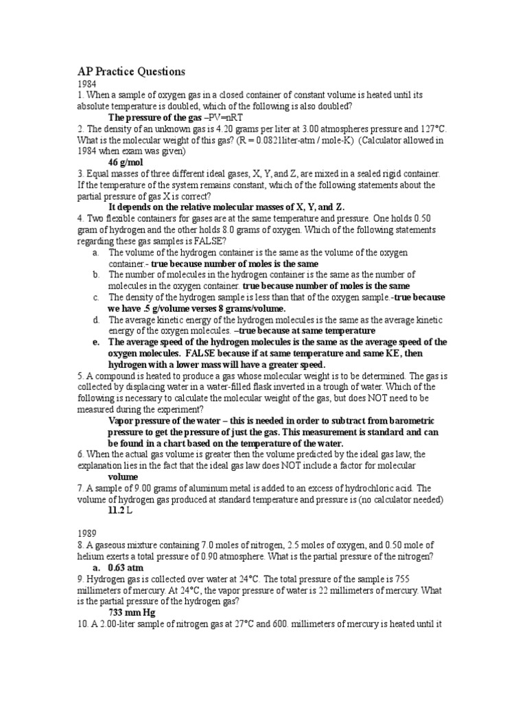 AP Chemistry Gas Law Practice Questions | PDF