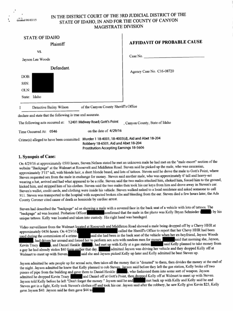 Probable Cause Affidavit in Steve Nelson Murder