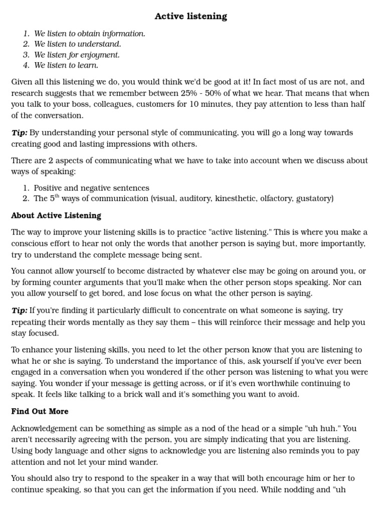 Active Listening | PDF | Body Language | Psychological Concepts