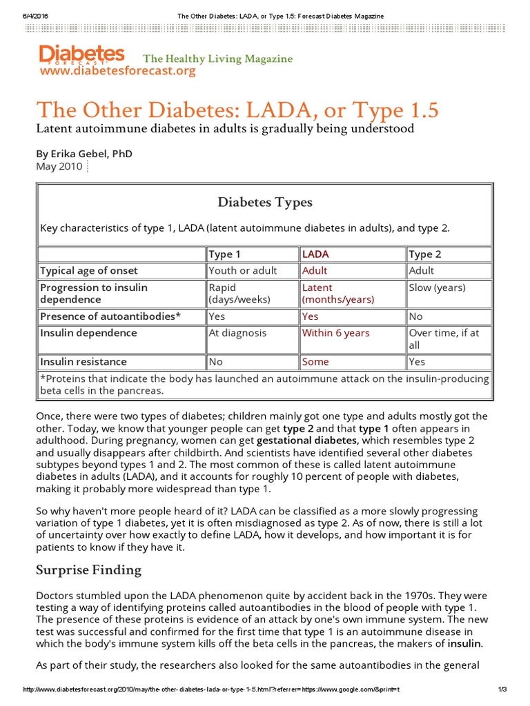 The Other Diabetes - LADA, or Type 1 | PDF | Diabetes Mellitus Type 1 ...