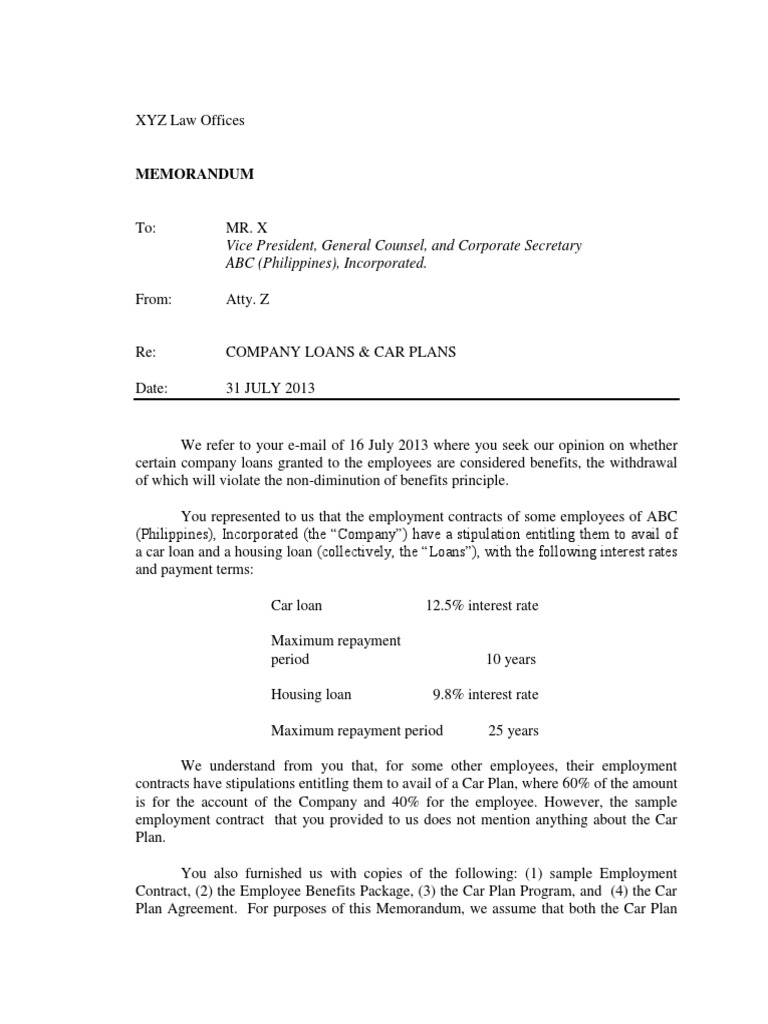 Legal Memorandum (Labor-Company Loans and Car plans) - PDF Copy ...