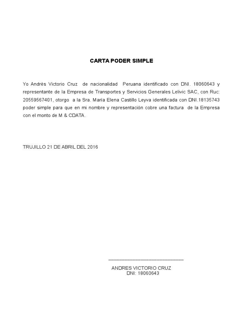 Carta Poder Simple para Cobro en Perú | PDF
