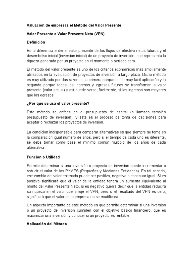 Valuación de Empresas El Método Del Valor Presente | PDF | Valor presente neto | Economias