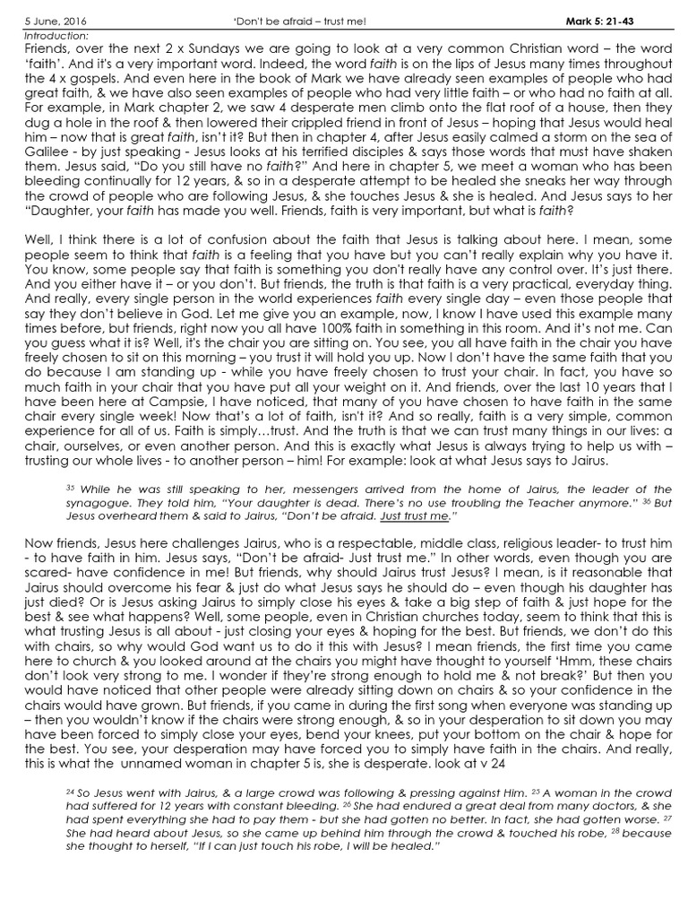 Don't Be Afraid - Trust Me! Mark 5-21-43 | Gospel Of Mark | Jesus