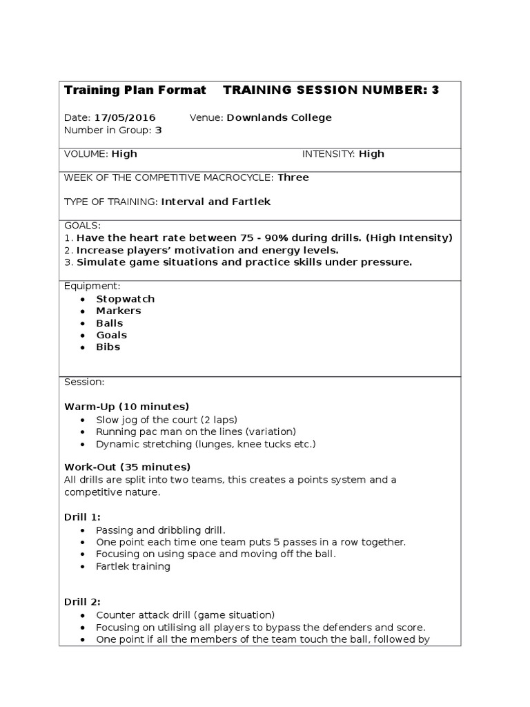 Training Plan Format TRAINING SESSION NUMBER: 3: Stopwatch Markers ...