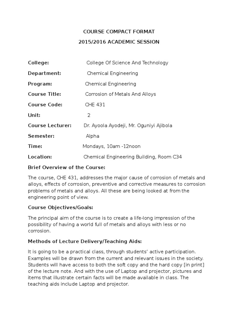 CHE 431 Course Compact | PDF | Corrosion | Lecture