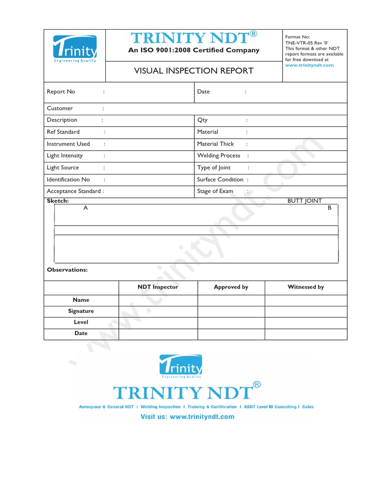 Weld Visual Inspection NDT Sample Test Report Format | PDF | Technology ...
