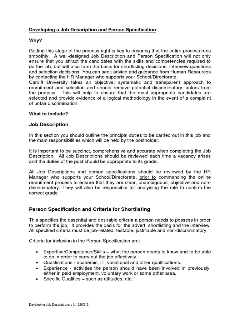 Developing A Job Description and Person Specification Why? | PDF ...